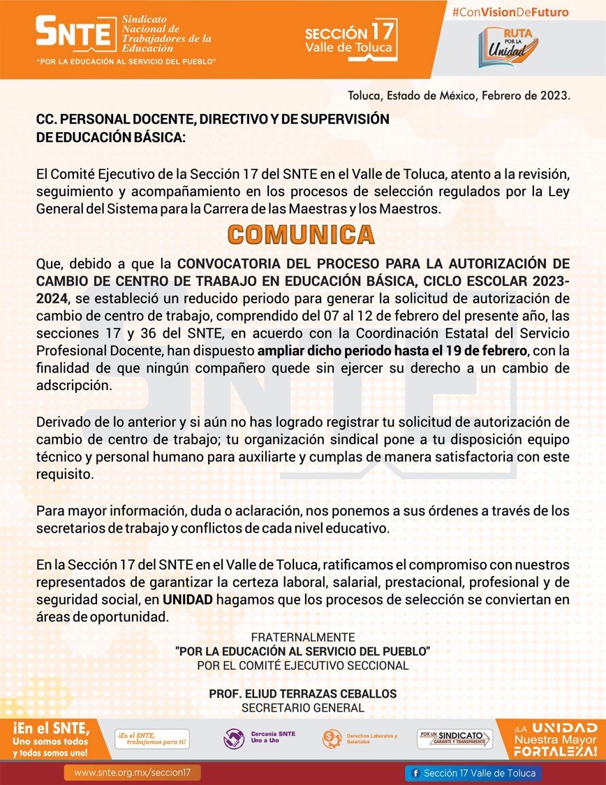 Informa Sección 17 del #SNTE ampliación del periodo para solicitar ...